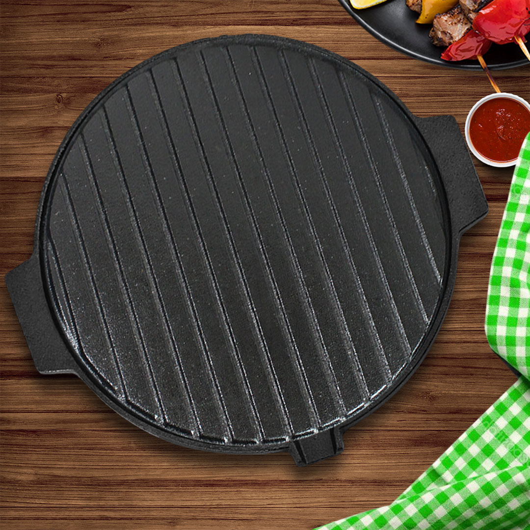 2X 30CM Round Cast Iron Korean BBQ Grill Plate with Handles and Drip Lip