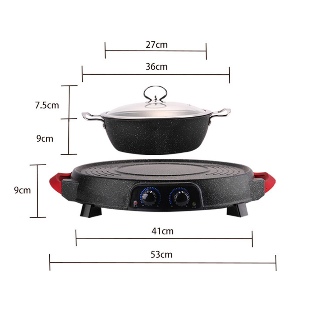 2X 2 in 1 Electric Stone Coated Grill Plate Steamboat Two Division Hotpot