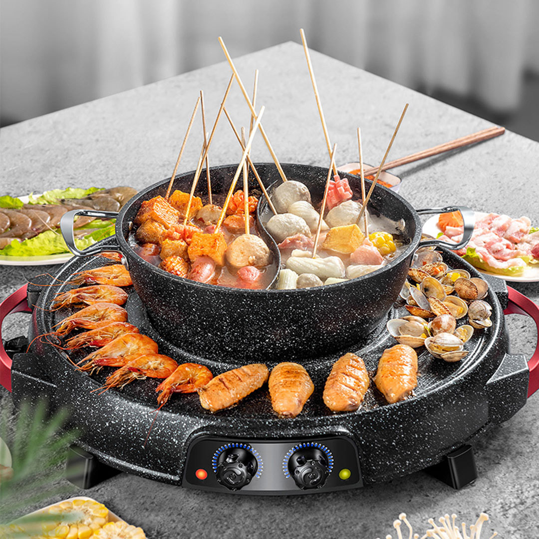 2X 2 in 1 Electric Stone Coated Grill Plate Steamboat Two Division Hotpot