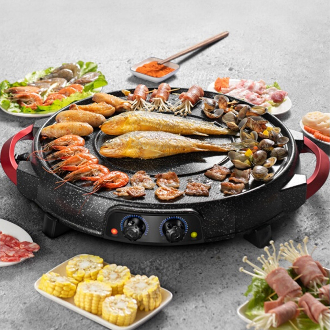 2X 2 in 1 Electric Stone Coated Grill Plate Steamboat Two Division Hotpot