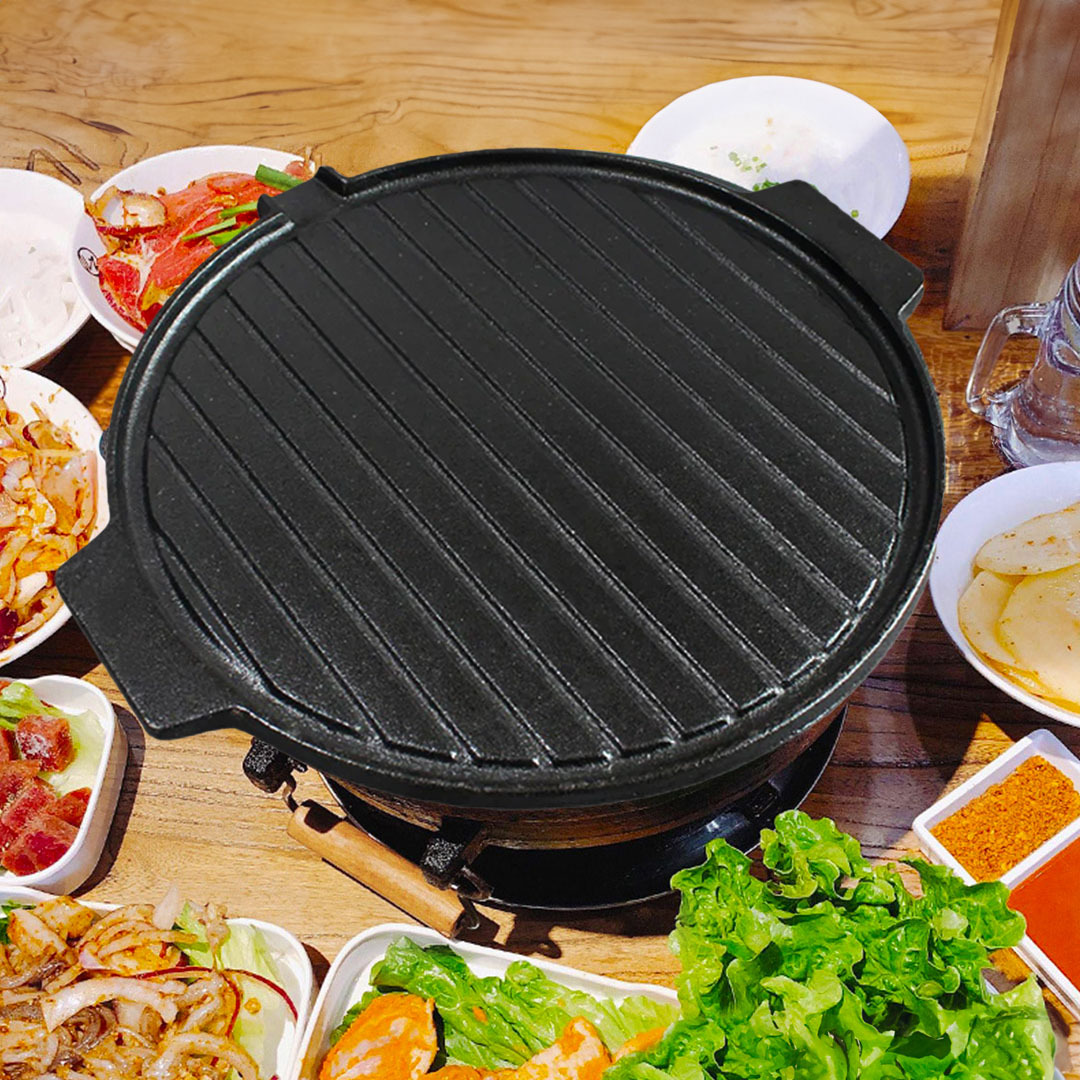 2X 30CM Round Cast Iron Korean BBQ Grill Plate with Handles and Drip Lip