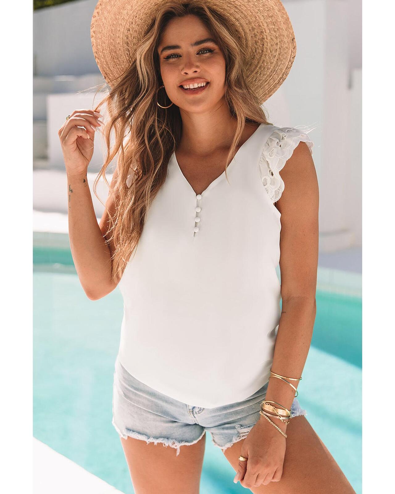 Azura Exchange Layered Laser Cut Flutter Shoulder V Neck Top