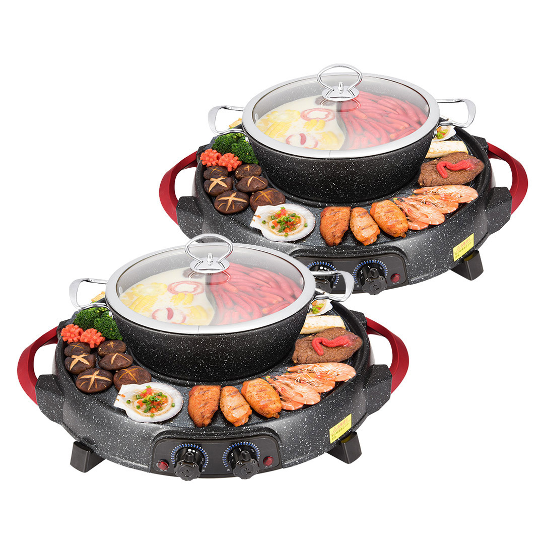 2X 2 in 1 Electric Stone Coated Grill Plate Steamboat Two Division Hotpot