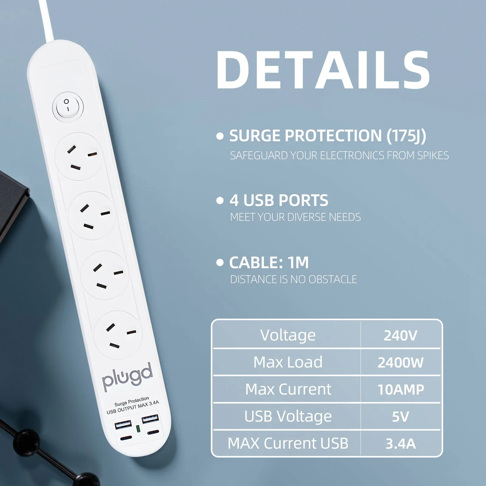 Plugd 2 USB A + 2 USB C 240V 10A Powerboard | HR Sports